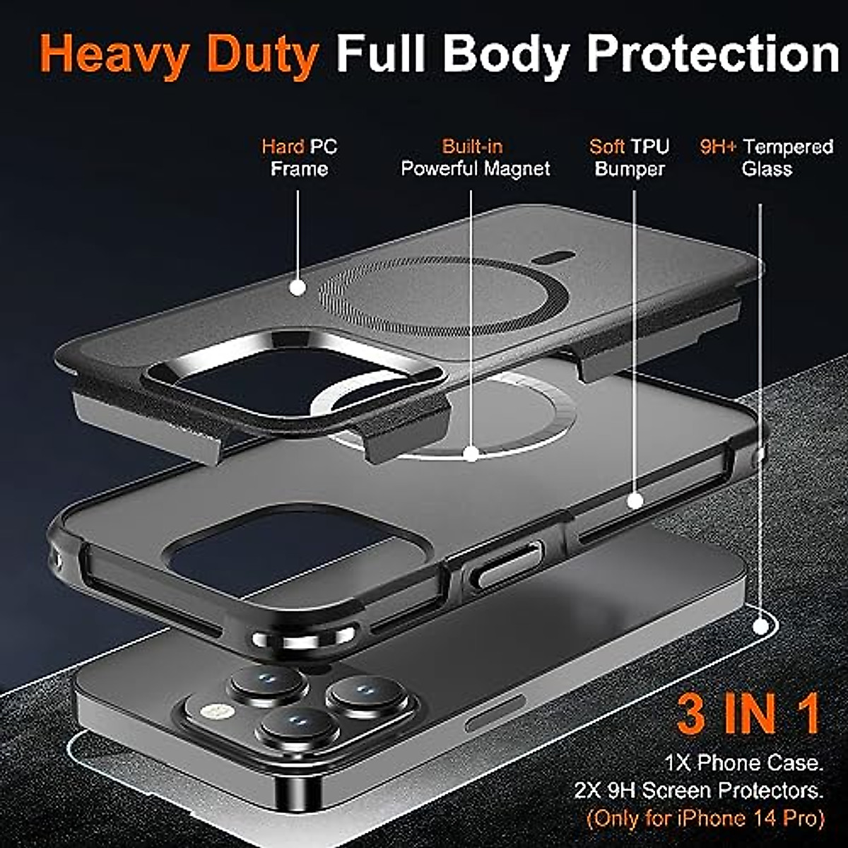 SUPFINE for Magnetic iPhone 14 Pro Case (Compatible with MagSafe) (10 FT Military Dropproof) 2X (Tempered Glass Screen Protector) Non-Slip Phone Case Cover,Black