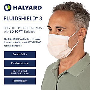 HALYARD FLUIDSHIELD 3 Disposable Procedure Mask, with SO SOFT Earloops, Fog-Free, Pleat-Style, Orange, Level 3, 28797 (Box of 40)