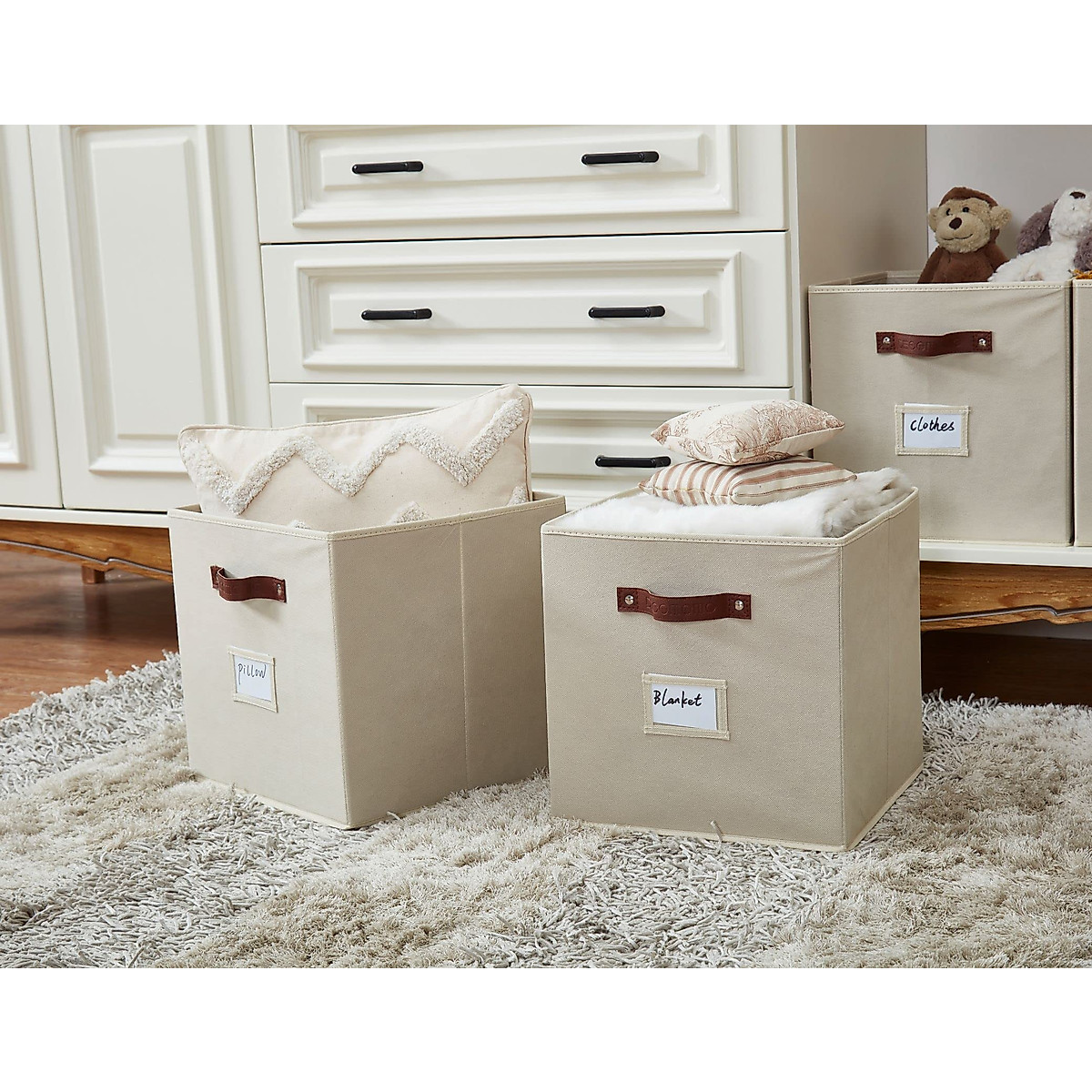 DECOMOMO Storage Bins | Cube Storage Bin with Label Holders, Fabric Storage Cubes for Organizing Shelves Closet Toy Clothes (10.5" x 11" / 6pcs, Beige)