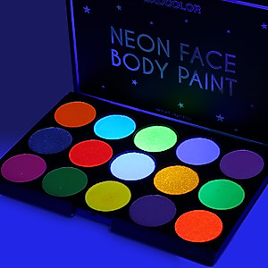 BADCOLOR Glow UV Face Paint, 15 Colors Neon Eyeshadow Palette, Water-Based UV Blacklight Face Body Paint for Kids - UV Eyeliner Makeup Palette for Halloween Glow Party Club Music Festivals