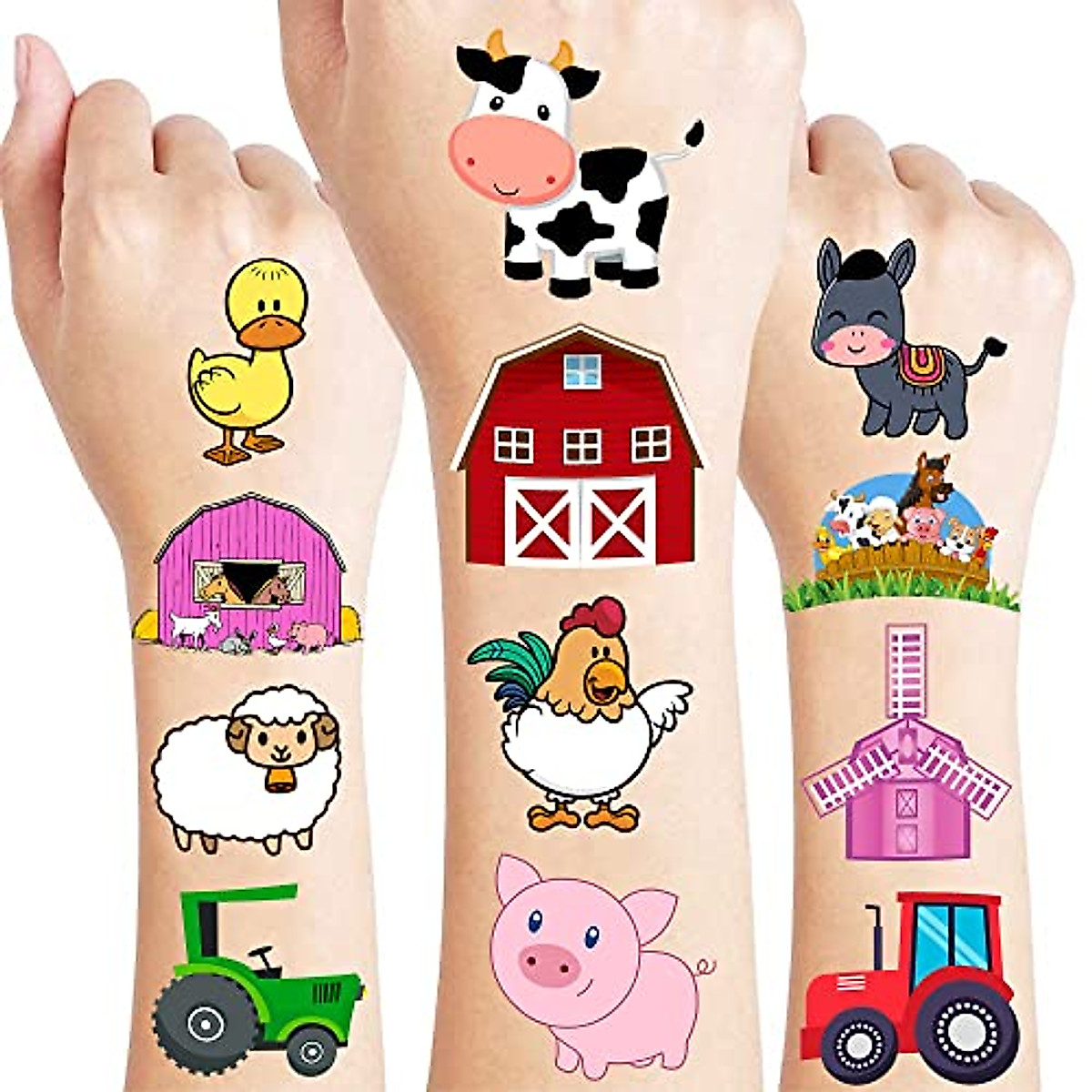Pink Farm Barnyard Animal Temporary Tattoos Themed Birthday Party Supplies Decorations Favors Decor Cute Tattoo Sticker 8Sheets 96PCS Gifts for Kids Girls Boys School Prizes Rewards Carnival Christmas