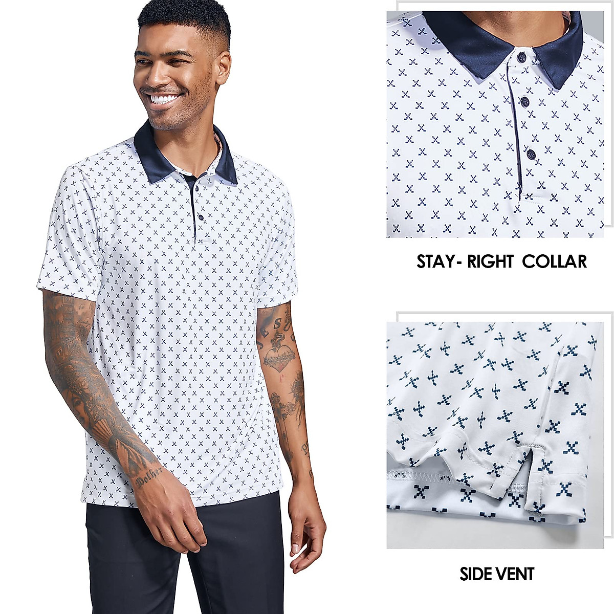 Men's Performance Dry Fit Golf Shirt, Quick-Dry Short Sleeve Polo, Moisture Wicking Navy/White L