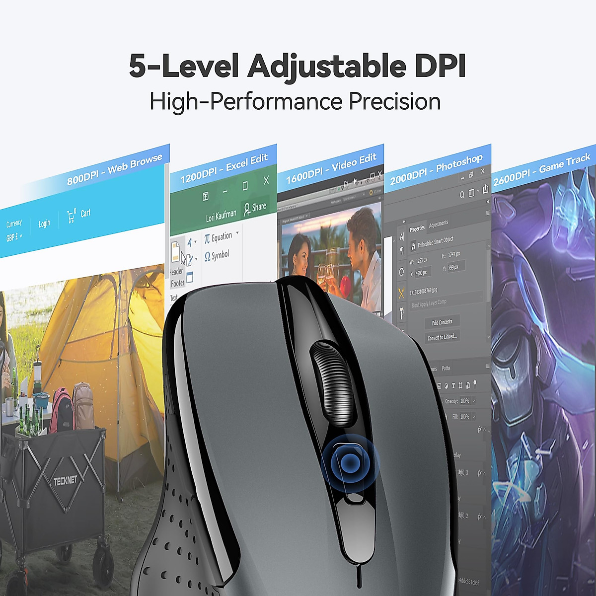 TECKNET Wireless Mouse, 2.4G Ergonomic Optical Mouse with USB Nano Receiver for Laptop, PC, Computer, Chromebook, Notebook, 6 Buttons, 24 Months Battery Life, 2600 DPI, 5 Adjustment Levels