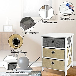 Nightstands Set of 2, with 3 Drawers, Wood Nightstand, Contrasting Colors Fabric Drawers, Easy Assembly Bedside Tables for Bedroom, College Dorm, Sturdy WhiteWood Frame, Wood Top, Easy Pull Handle.