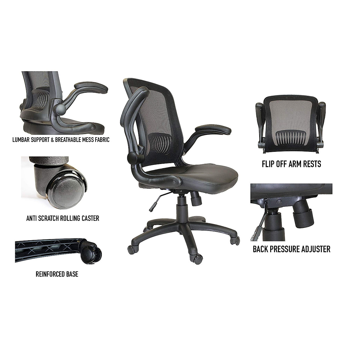 OFFICE FACTOR Ergonomic Office Chair Mesh Back Faux Leather Seat, Computer Chair with Padded Flip-Up Arms Lumbar Support Executive Chair for Home Office (Black Chair)