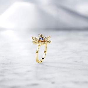 Gem Stone King 18K Yellow Gold Plated Silver 4MM Round Gemstone Birthstone Flower Ring For Women By Keren Hanan | Available in Size 5,6,7,8,9