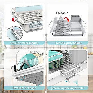 EMT ETRENDS Large Capacity Dish Drying Rack,Rust Resistant Dish Rack for Kitchen, Compact and Foldaway Dish Drainer with Removable Drainboard, Utensil/Cutlery Holder , Plastic, White