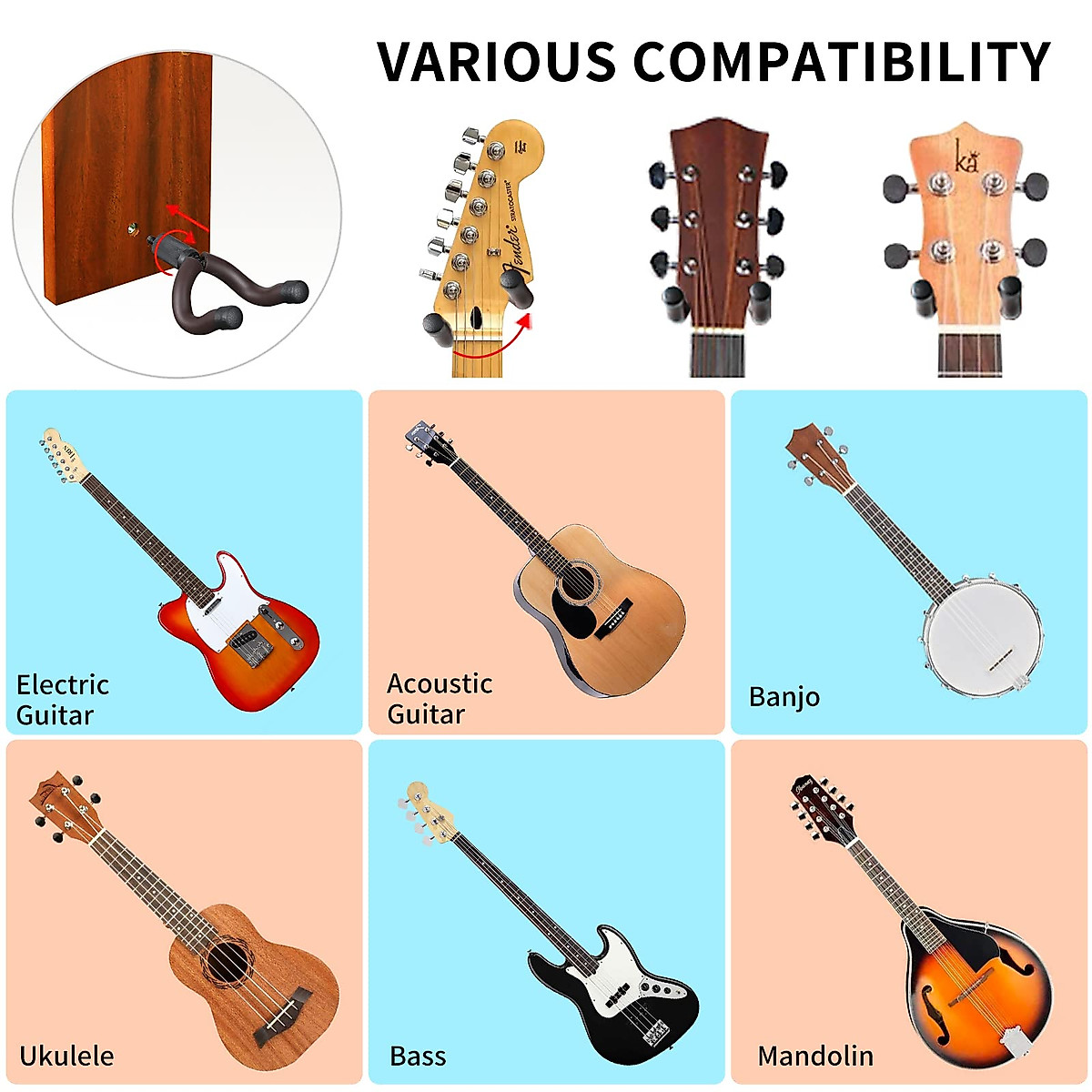 Neboic 2 Pack Guitar Wall Mount, Guitar Hanger with Wood Shelf, Guitar Hook, Guitar Holder for Acoustic Electric Bass Guitar Ukulele Banjo Mandolin