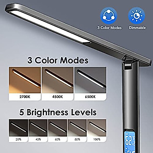 Mubarek LED Desk Lamp with Wireless Charger - Adjustable Bright Desk Lamps for Home Office with USB Charging Port/Clock, LED Desk Lamp for College Dorm Room(Black)