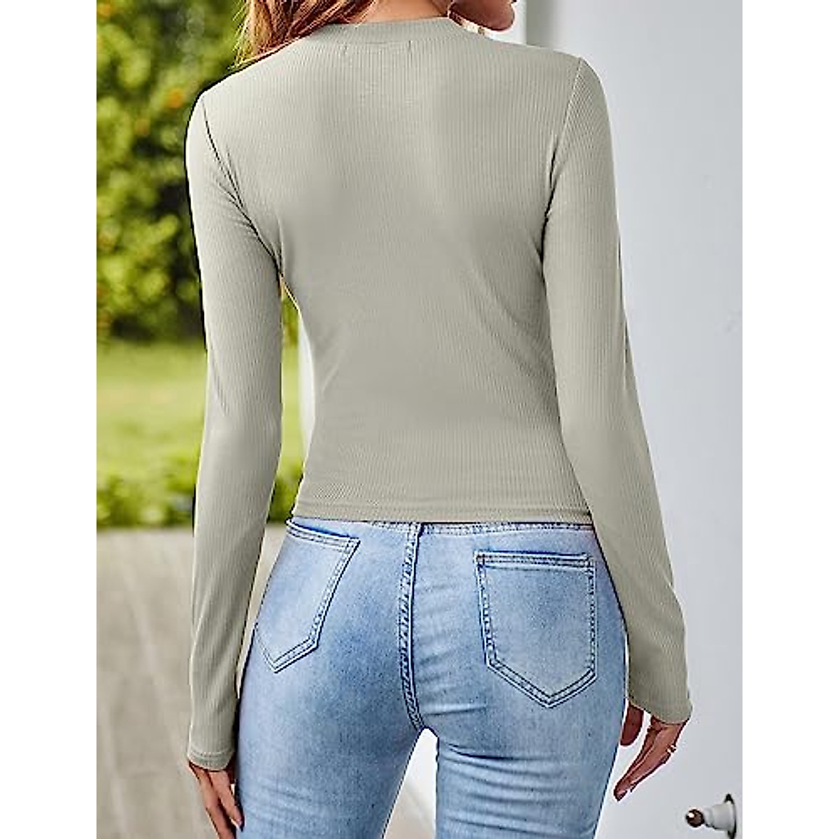 MEROKEETY Women Long Sleeve Slim Fit Crop Shirt Ribbed Knit Tops Casual Round Neck Y2K Tees Grey Small