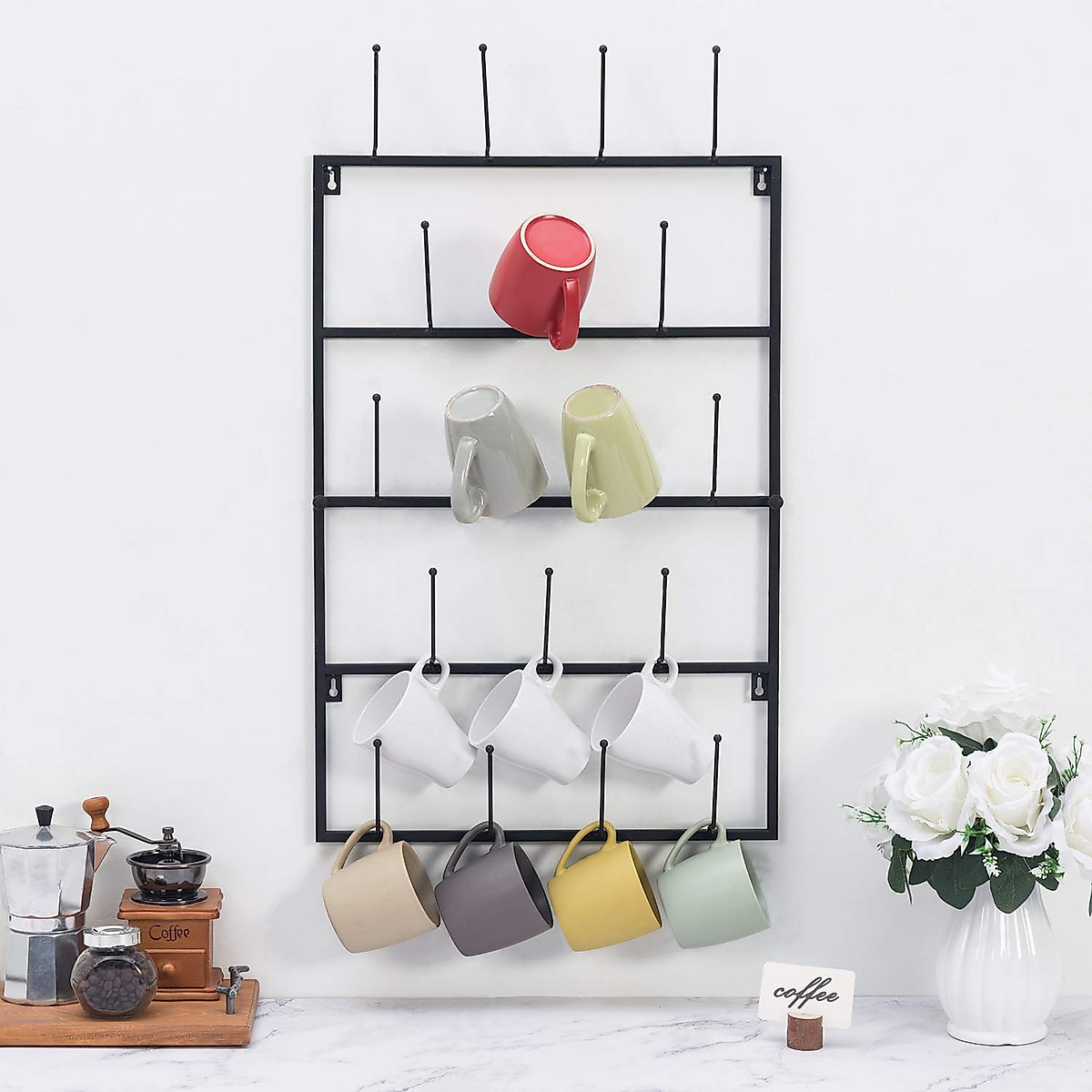 MyGift 5-Tier Black Metal Wall Mounted Kitchen Coffee Mug Rack Cup Holder with 18 Hooks, Farmhouse Style Hanging Display Organizer for Mugs, Tea Cups and Mason Jars