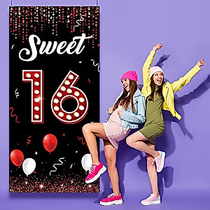 Sweet 16 Birthday Backdrop Door Banner, 16th Birthday Decorations for Girls Red and Black, Sweet Sixteen Birthday Photo Props, 16 Birthday Party Yard Sign for Outdoor Indoor Sturdy Fabric Vicycaty