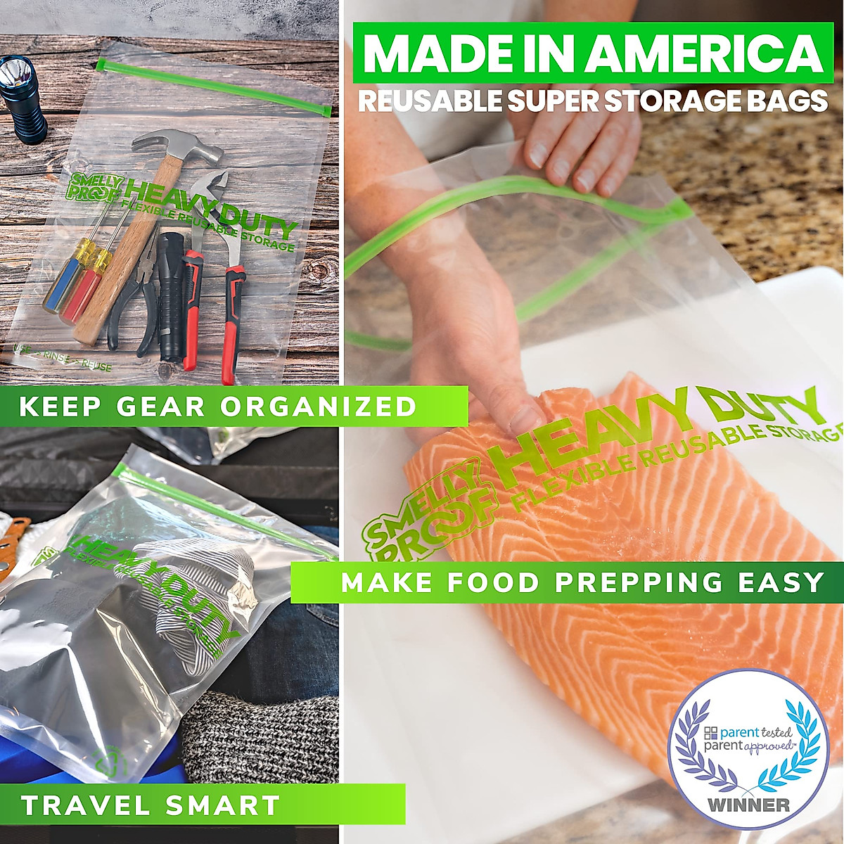 REUSABLE STORAGE BAGS BUNDLE by Smelly Proof - Heavy Duty 5mil, USA Made PEVA & BPA Free Dishwasher-Safe Triple Zip Clear Flat Design - 5 Gallon & 5 Quart Sizes Combo Pack