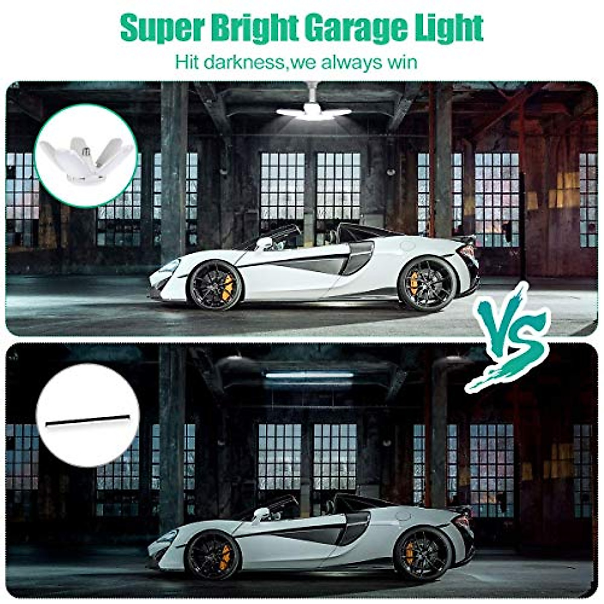 LED Garage Lights 5 Leaf 80W Deformable Garage Light 8000Lm Illuminator 360 Garage Light Bulb, 6500K Day Light Garage Ceiling Light CRI 80+ Work Light with Light Socket Extender for Garage