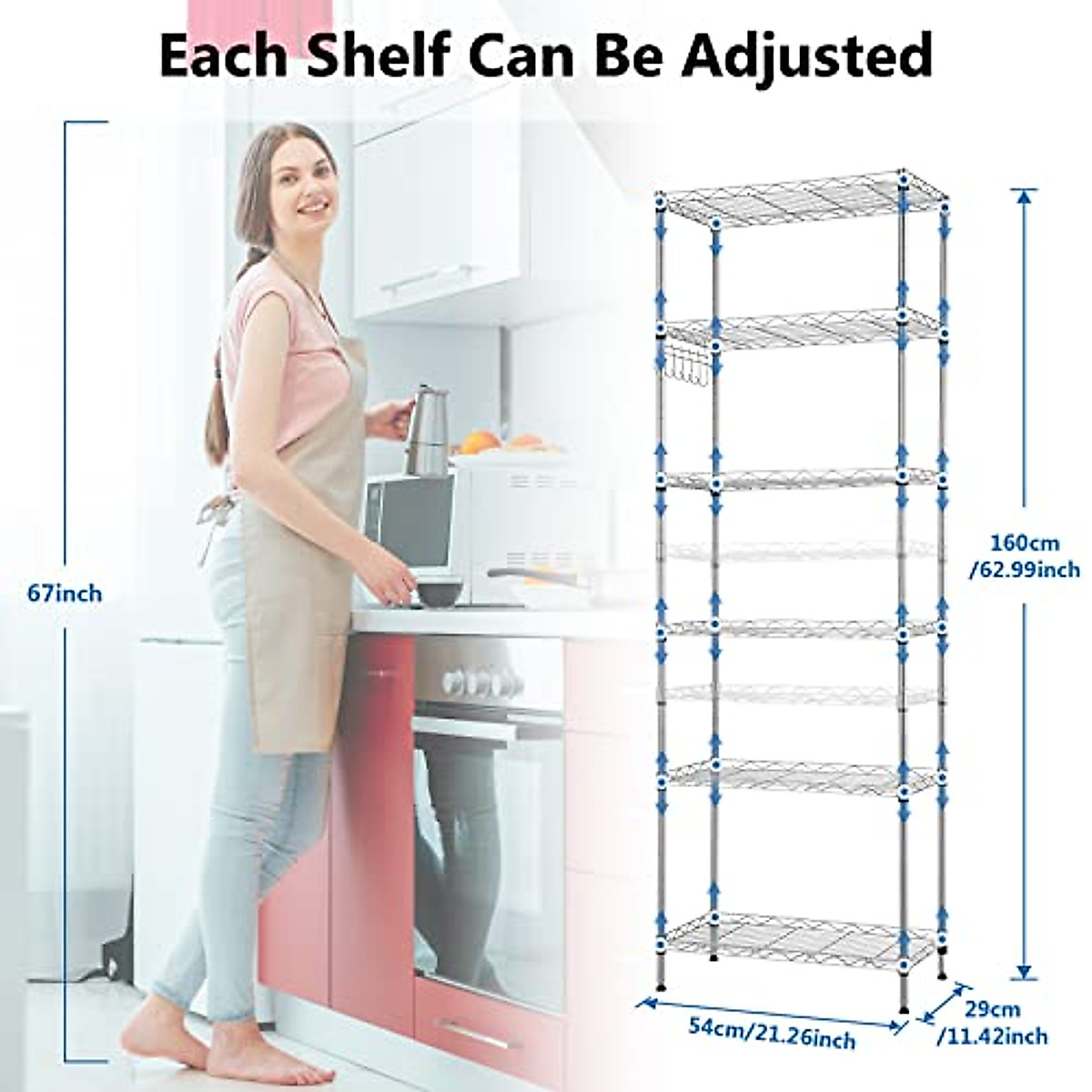 BATHWA 6-Shelf Wire Shelving Units, Heavy Duty Metal Shelf Wire Rack with Leveling Feet, Adjustable Utility Storage Shelves for Garage, Kitchen, Living Room, Bathroom, 21.26L x 11.42W x 62.99H