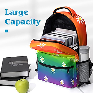 Dacawin Girls Backpack Rainbow Colorful Elementary School Backpacks Cute Daisy Flower Durable Bookbags Lightweight Travel Schoolbag for Kids Boys Teens