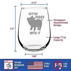 Gettin' Piggy With It - Stemless Wine Glass - Pig Decor Gifts for Lovers of Swine and Wine - Large 17 Ounce