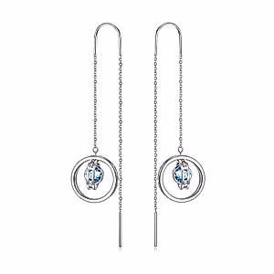 AOBOCO Sterling Silver Planet Galaxy Star Dangle Drop Earrings, Hypoallergenic Threader Earrings, Simulated Aquamarine Birthstone Crystal from Austria, Anniversary Birthday