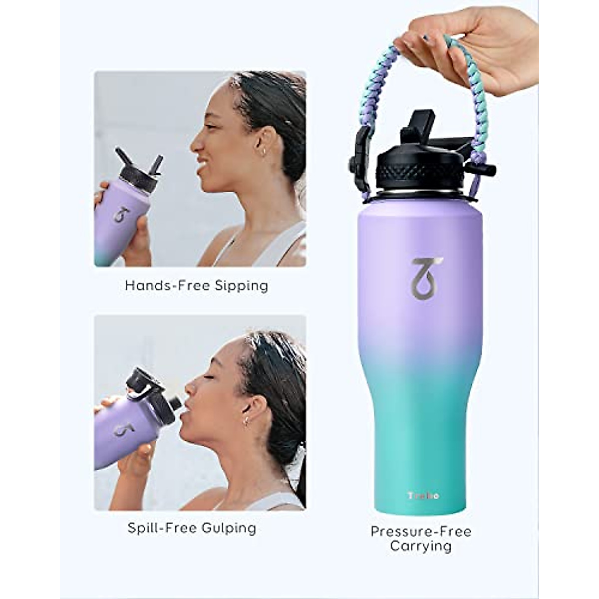 Trebo 40oz Insulated Water Bottle that Fits in Cup Holder, Stainless Steel Double Wall Tumbler Bottles with Paracord Handle, Flask with Straw Spout Lids, Keep Cold for 48 Hrs/Hot 24 Hrs,Cotton Candy