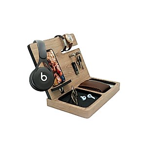 Namore | Gift for Men Husband, Anniversary, Birthday | Wood Phone Docking Station | Ideal as Office and Nightstand Organizer | Organize your Watch, Wallet, Cellphone, Keys, Airpods