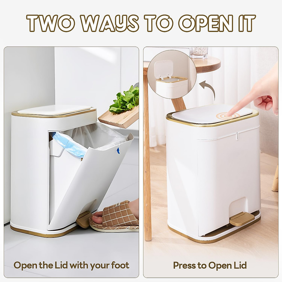 Bathroom Trash Can with Lid, 3 Gallon Gold Garbage Can, Small Trash Bin with Press top Lid and Pedal, Narrow White Trash Can Waste Basket for Bedroom, Living Room,Office,Plastic Dog Proof Trash Can