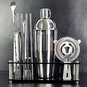 Bartender Kit, 13 Piece Cocktail Shaker Set Stainless Steel Bar Tools with Black Stand, 25 oz Shaker, Jigger, Spoon, Pourers, Muddler, Strainer, Tongs, Recipes
