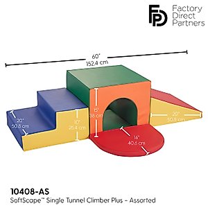 Factory Direct Partners 10408-AS SoftScape Single Tunnel Play Foam Climber Plus, Beginner Toddler Soft Structure for Active Playtime (5-Piece Set) - Assorted