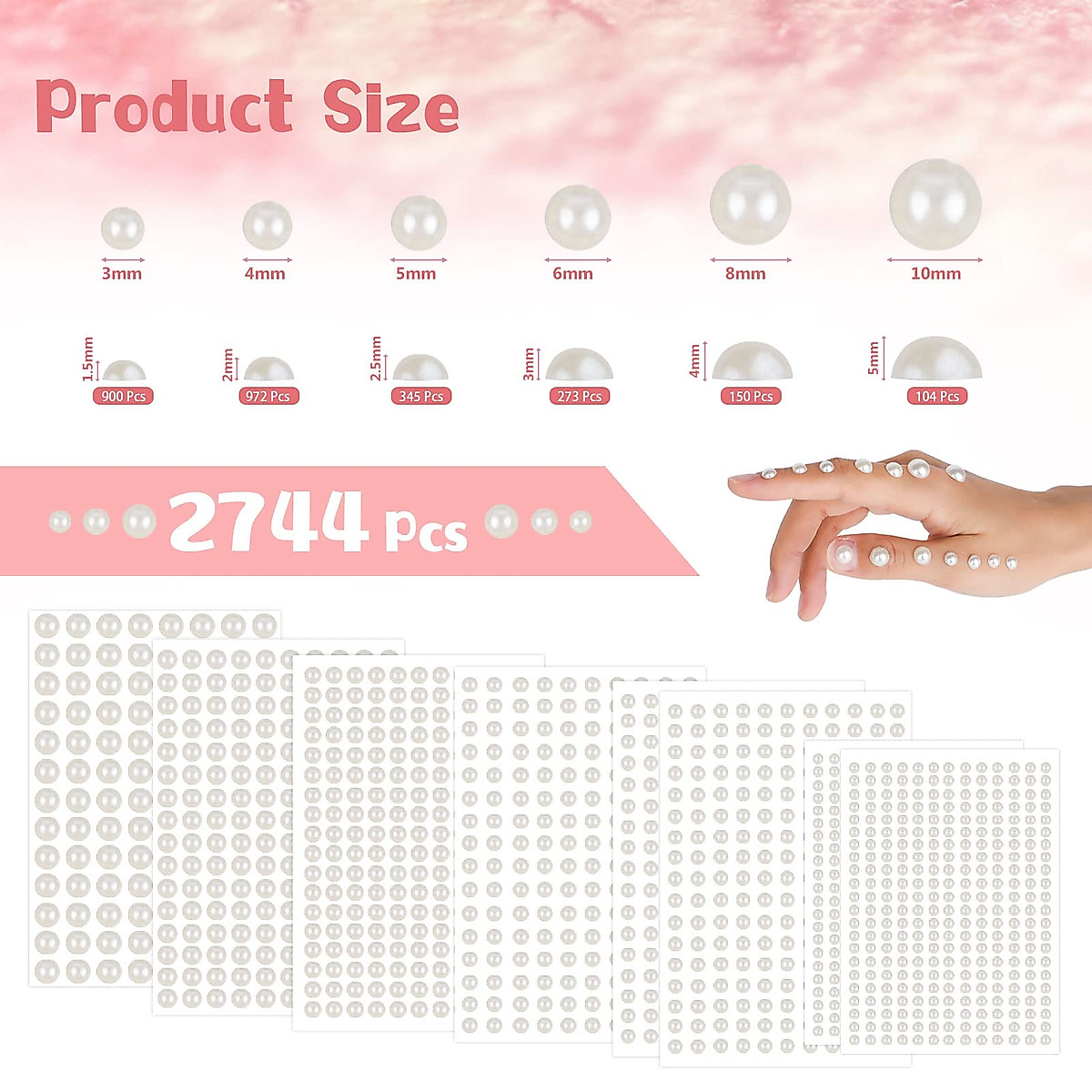 2744 Pcs Hair Pearls Stick On, Self Adhesive Pearls Stickers, Stick On Pearls, Hair Gems Stick On, Face Pearls, Face Gems, Beige Pearl Stickers for Hair Face Makeup Nail DIY Crafts,Valentine's Day,Assorted Size