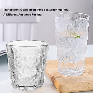 WANZPITS Drinking Glasses Set of 6, 13.8 OZ Glacier Pattern Colorful Glass Water Cups Frosted Clear Texture Household Coffee Beverages Juice Beer Cocktails Whiskey Cup, for Home Office Bar,Clean long