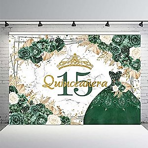 MEHOFOND Boho Floral Quinceanera 15th Birthday Backdrop for Girls Green Rose Pampas Grass Mis Quince Anos 15th Birthday Party Decorations Photography Background Gold Glitter Crown Photo Banner 8x6ft