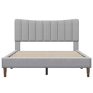 Queen Size Upholstered Platform Bed Frame with Vertical Channel Tufted Headboard, Modern Upholstered Platform Bed with Wood Slat Support, Heavy Duty Queen Bed Frames, No Box Spring Needed (Gray)