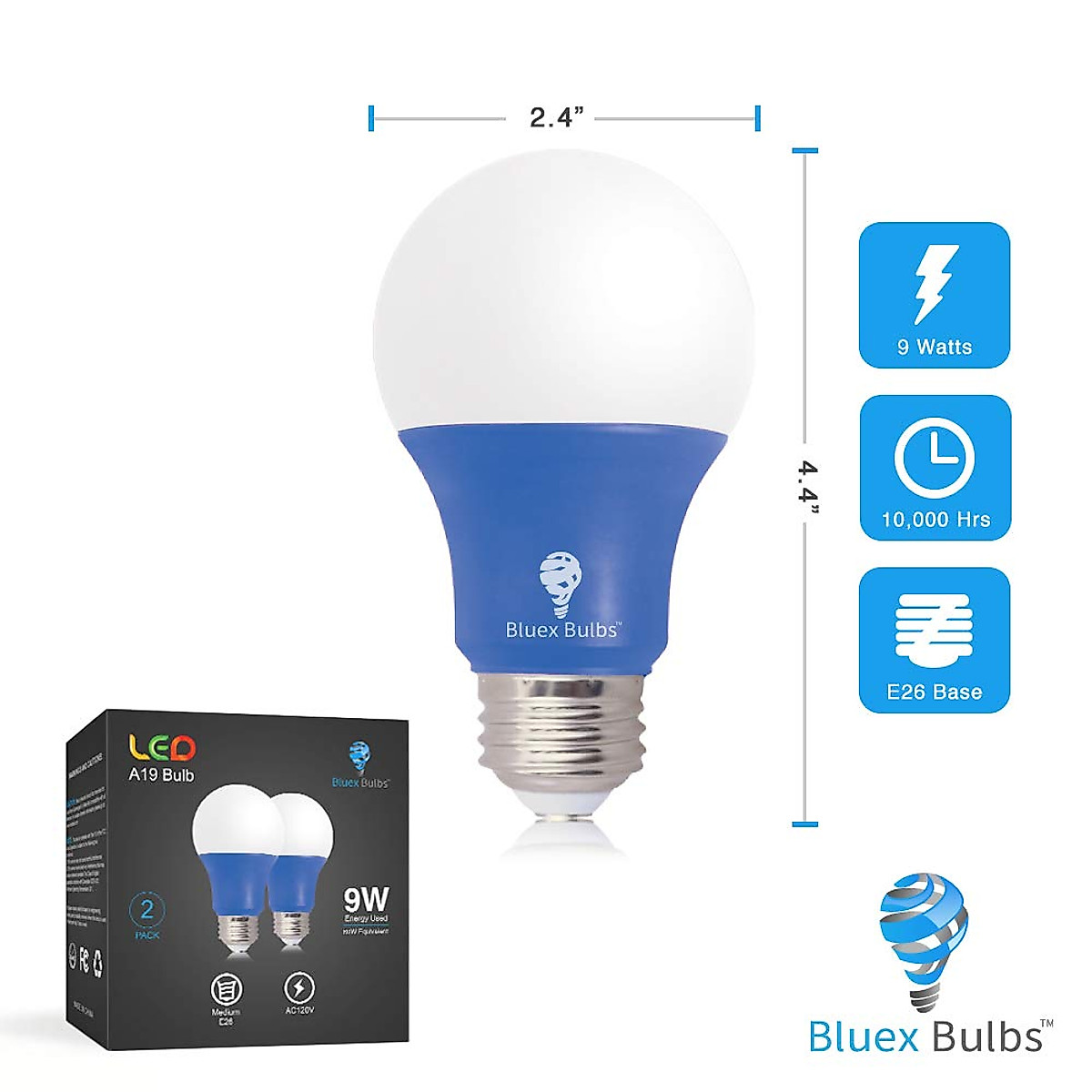 Bluex Bulbs LED A19 Light Bulb, 9W (60W Equivalent), Blue, E26 Base, 2-Count Package, 850 Lumen, Long Lifespan, Energy Saving, Non Dimmable, Indoor Outdoor