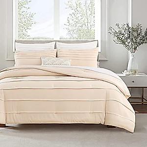 ALEISSEL Stripes Blush Beige Comforter Queen Size,Pleated Queen Comforter Set Lightweight, Ultra-Soft Beige Bedding Set Queen Size 3 Pcs, Down Alternative Comforter Set(Blush Beige,Full/Queen90 x90)
