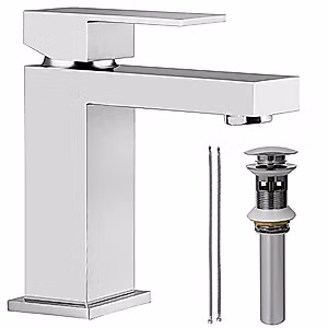 CELAENO Single Hole Bathroom Faucet, Modern Single Handle Bathroom Faucet with All Metal Pop Up Drain, Chrome Heavy Duty Square Bathroom Sink Faucet