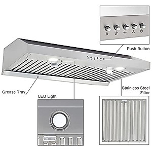 HTH 30 inch Under Cabinet Range Hood in Stainless Steel, 400 CFM Dual Motor Ducted Kitchen Stove Vent Hood with 3 Speed Exhaust Fan, 6" Top Vent, Push Button, Permanent Filters