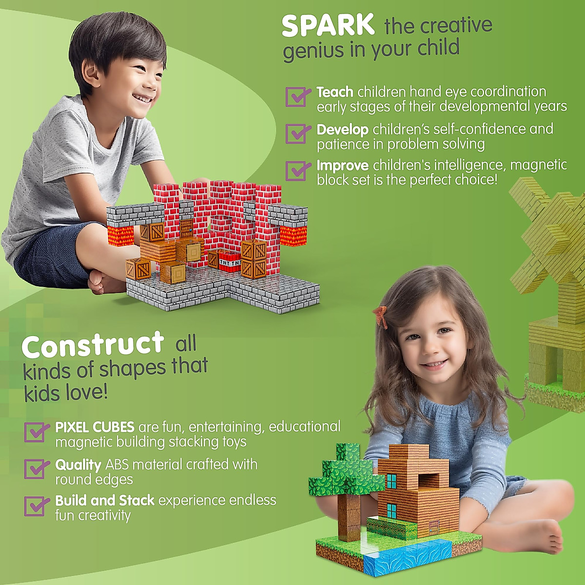 BrainSpark 100PCS Magnetic Pixel Cubes World Pack Edition Magnet Building Blocks STEM Montessori Stacking Toys for Toddlers Construction Toy Fidget Boys Girls Ages 3-9