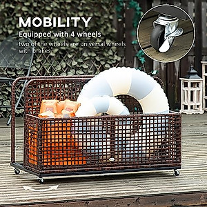 Outsunny Patio Wicker Pool Float Storage with Wheels, Outdoor Rolling PE Rattan Pool Caddy, Includes Compartment and Basket, for Pool, Garden, Deck, Mixed Brown