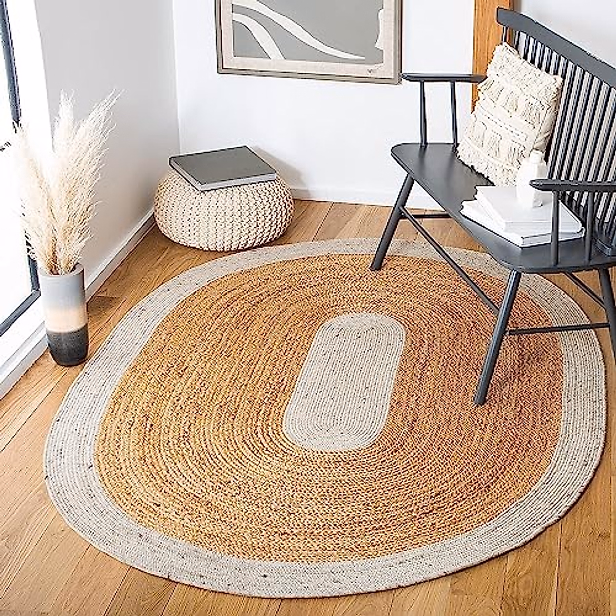 THE PIKKU INTERNATIONAL - Handmade Jute Rug Beige with White Cord Border Farmhouse Jute Area Rug (7 x 11 Feet Oval)
