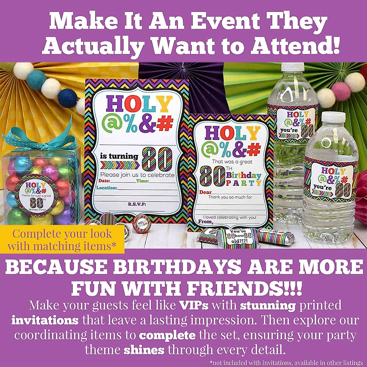 HOLY @% 80th Birthday Party Invitations, 20 Funny 5x7 Fill In Cards with Twenty White Envelopes for Milestone Birthdays by AmandaCreation