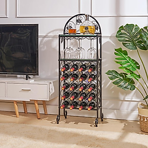 VECELO Freestanding Wine Rack Bar Table Holder, Tempered Glass Top, Liquor Display Shelf Stand for Home Kitchen Pub, 20 Bottles, Black