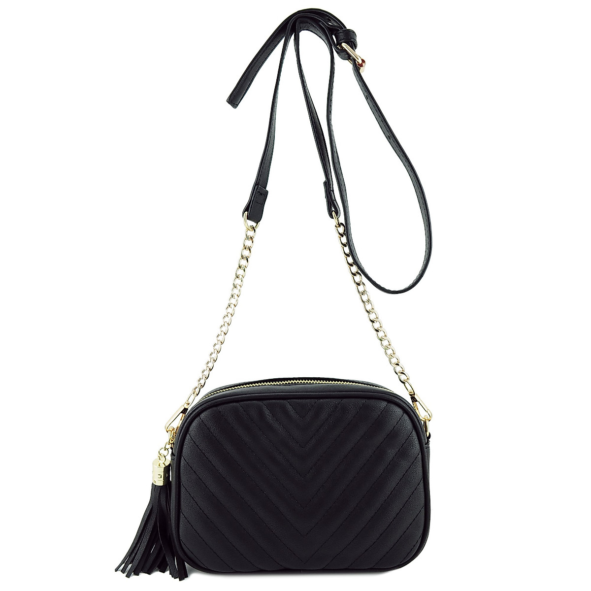 Simple Shoulder Bag Crosbody with Metal Chain Strap and Tassel Top Zipper (Black)