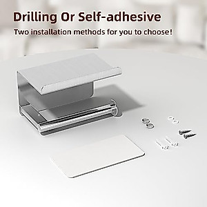 Adhesive Toilet Paper Holder with Phone Shelf, Wall Mounted Toilet Paper Roll Holder, Rustproof Bathroom Tissue Roll Holder with Shelf, Sticky Toilet Paper Roll Holder- Silver