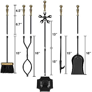 Amagabeli 5 Pieces Fireplace Tools Sets Brass Handles Wrought Iron Set and Holder Indoor Outdoor Fireset Fire Pit Stand Rustic Tongs Shovel Brush Chimney Poker Wood Stove Hearth Accessories Kit Large