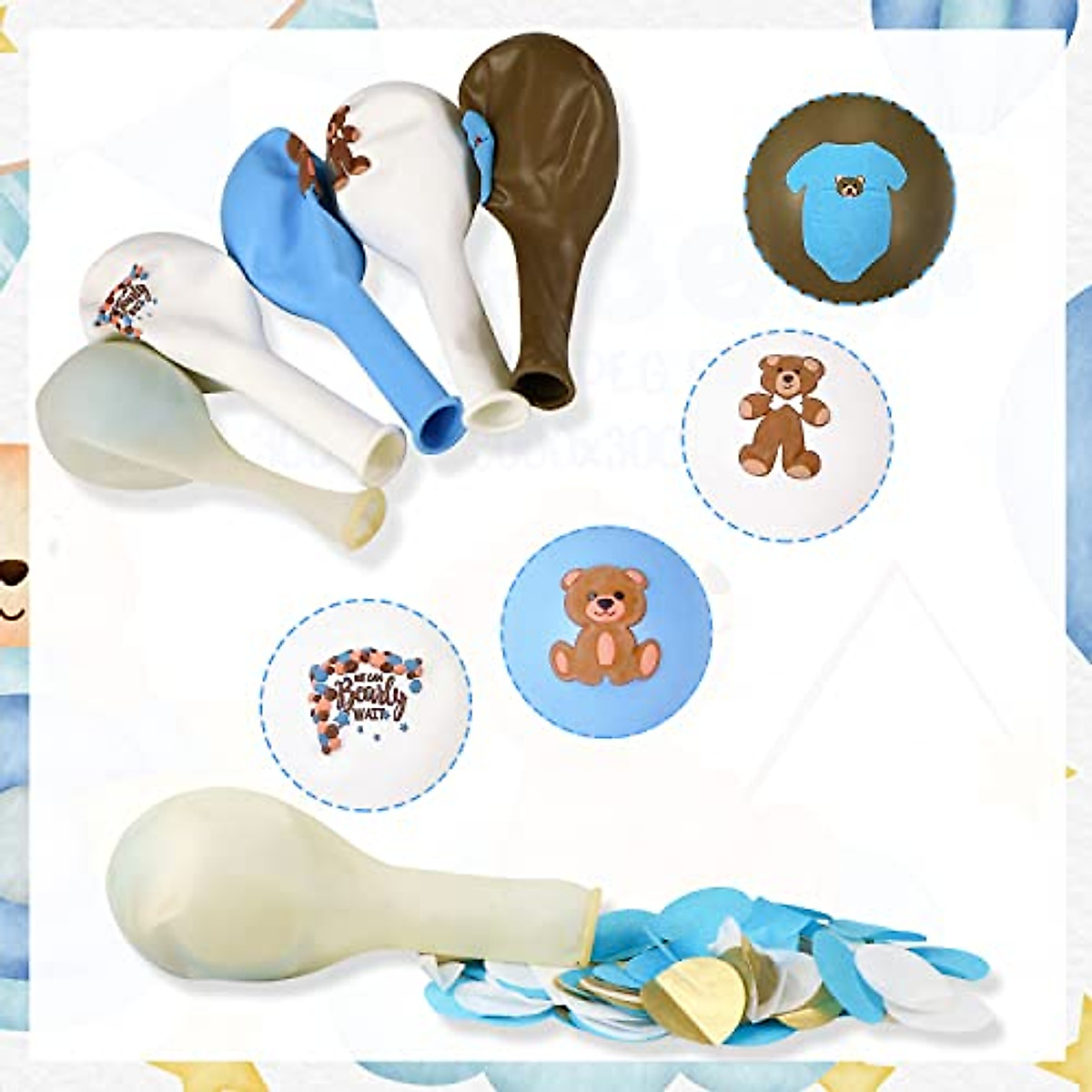 45Pcs Blue Bear Baby Shower Party Balloons, 12" Latex Printed We Can Bearly Wait Brown Creamy Bear Balloon Decor for It's A Boy Gender Reveal Kid Birthday Wedding Photo Prop Party Decorations Supplies