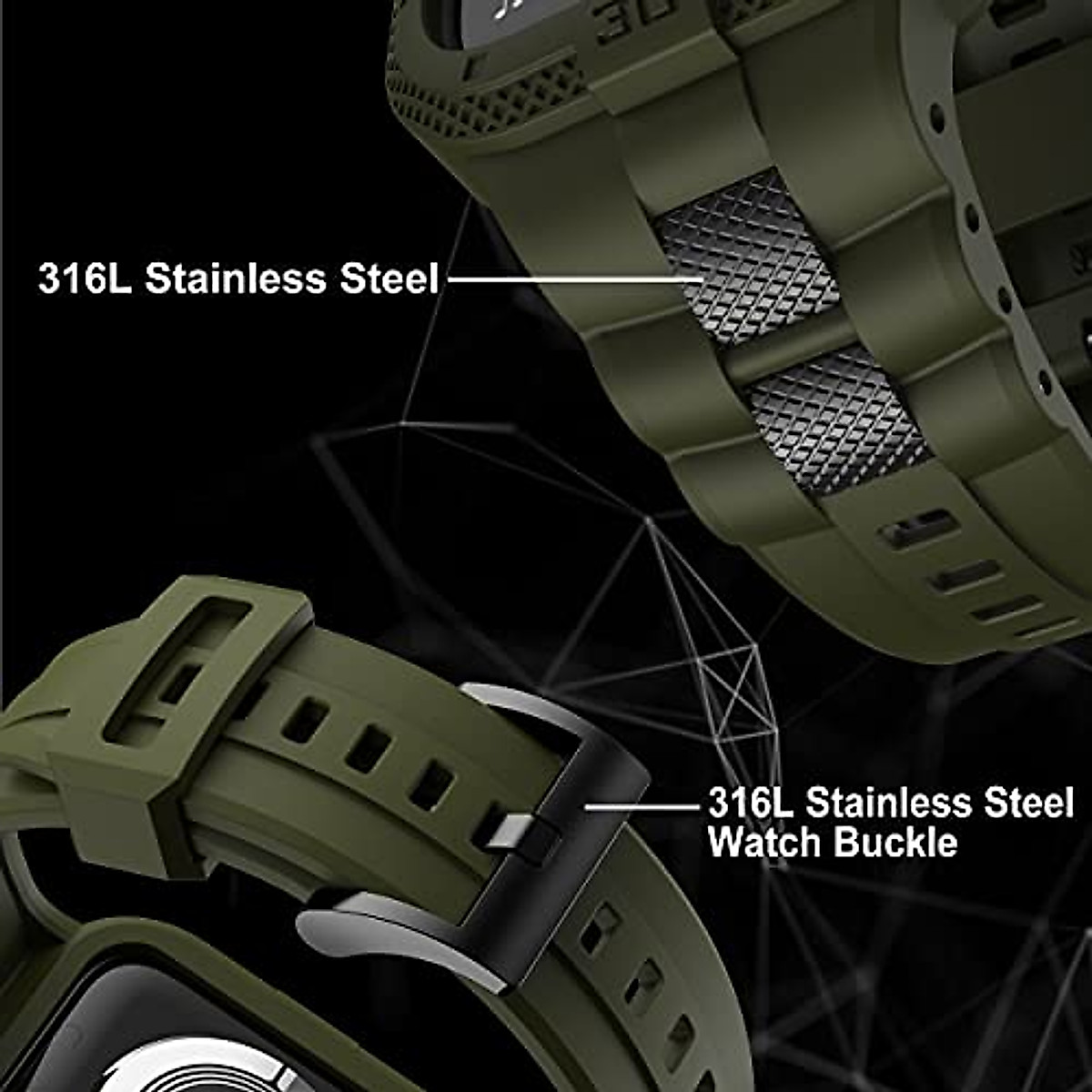 GELISHI Compatible for Apple Watch Band 45mm 44mm 42mm with Bumper Case, Men Rugged Bands Protector for Watch Series 8 7/Series 6 SE 5 4 3 2, Sport Military Band Protective Case, Army Green