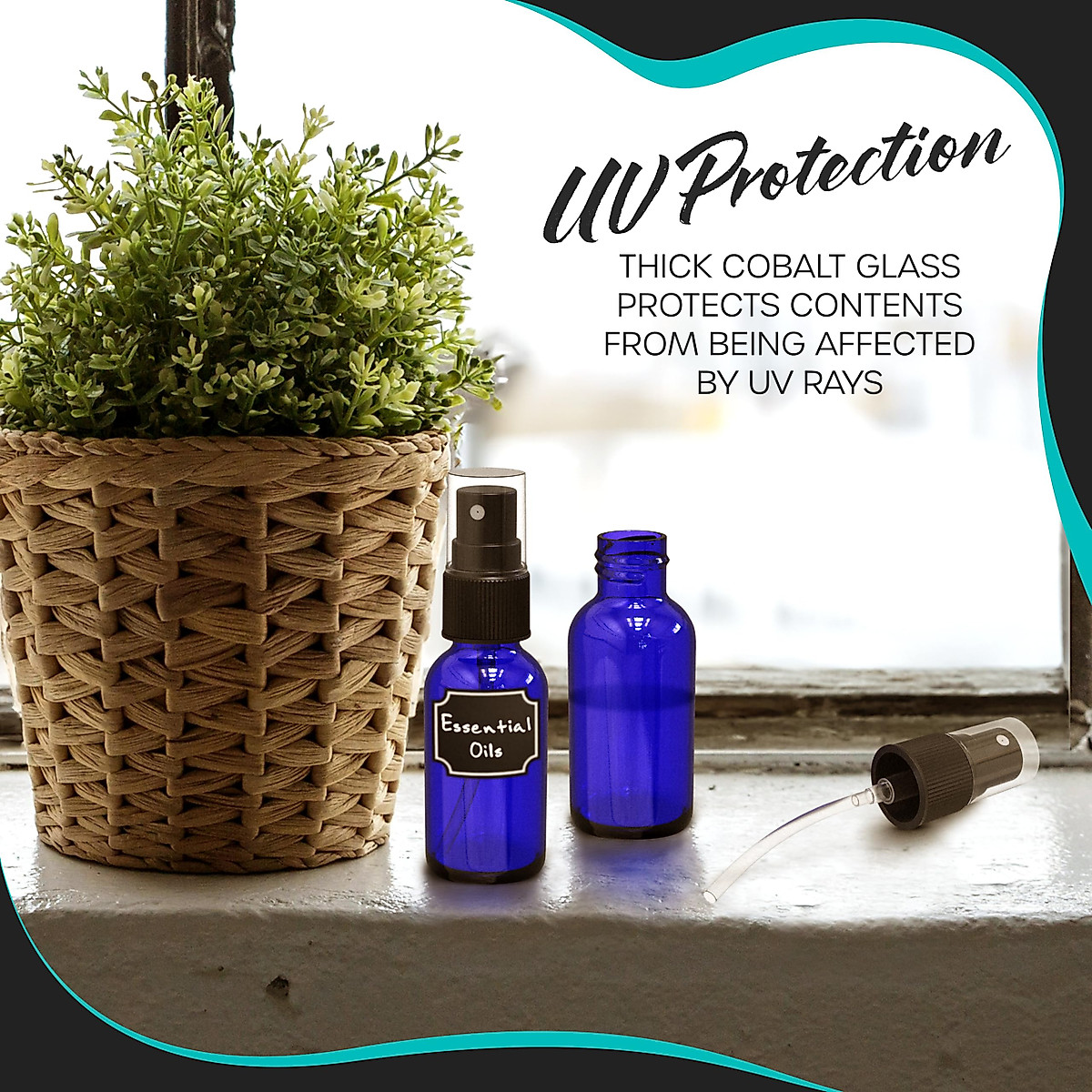 Nevlers 48 Pack Blue 1 Oz Glass Spray Bottle | The Blue Misting Glass Bottles Includes Sprayers, a Funnel & Brush with Bonus Labels to Easily Identify its Contents