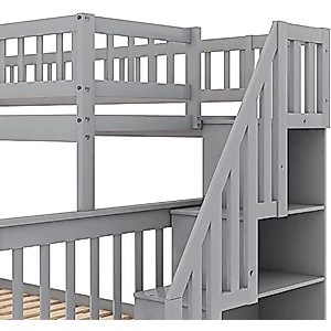 DNYN Stairway Twin-Over-Full Bunk Bed with Storage Shelves & Guardrail for Dorm,Kids Bedroom,Solid Pine Wood Bedframe,Space Saving Design & No Box Spring Needed, Grey