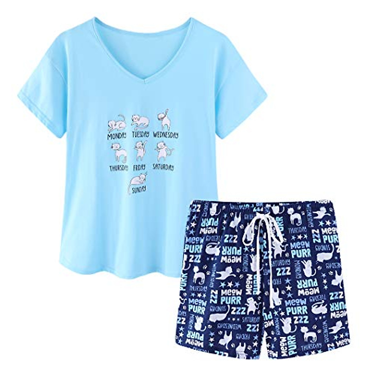 CHUNG Women Short Sleeve Shirt Pajamas Set with Shorts Bottom Pants Cotton V-neck Cute Pjs Sleepwear Lounge Wear Plus Size Summer (Medium, Blue Cat)