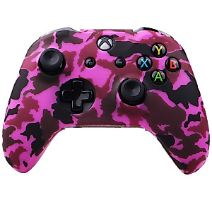YoRHa Water Transfer Printing Camouflage Silicone Cover Skin Case for Microsoft Xbox One X & Xbox One S Controller x 2(Green&Dark Pink) with PRO Thumb Grips x 8