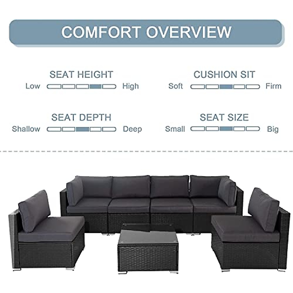 Incbruce 7 Piece Outdoor Patio Furniture Set All-Weather Sectional Sofa Outside Couch, Manual Weaving PE Wicker Rattan Conversation Set with Glass Top Table and Removable Cushions (Gray)